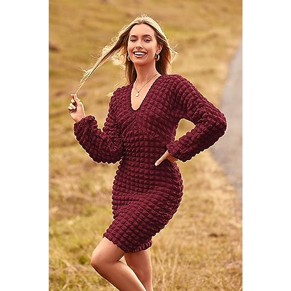 PRETTYGARDEN Women's Fall Mini Bodycon Dress Long Puff Sleeve V Neck Fitted Party Club Dresses (Wine Red,X-Large)