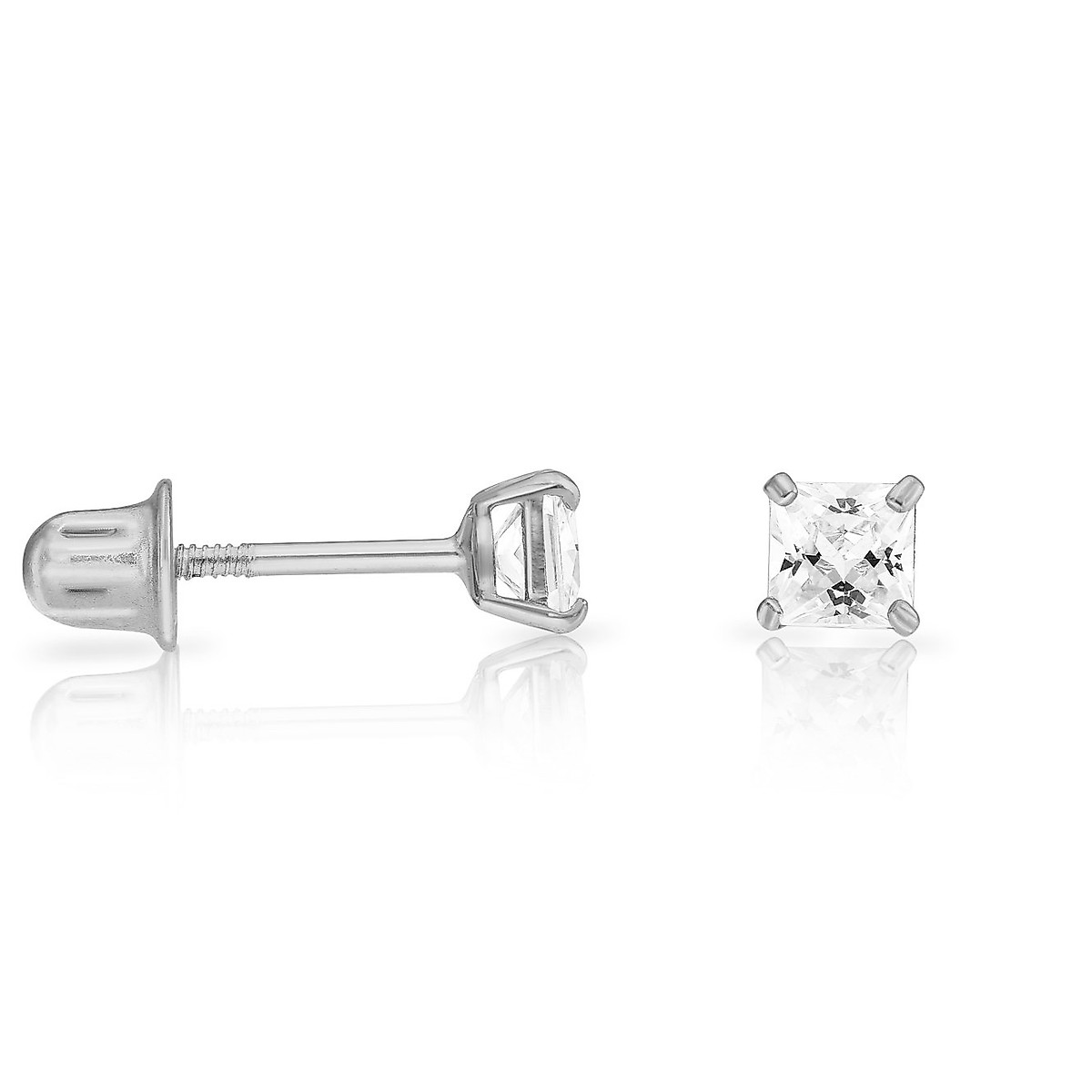 14k White Gold Solitaire Square Princess-cut CZ Stud Earrings with Comfort Screw-backs (3mm)