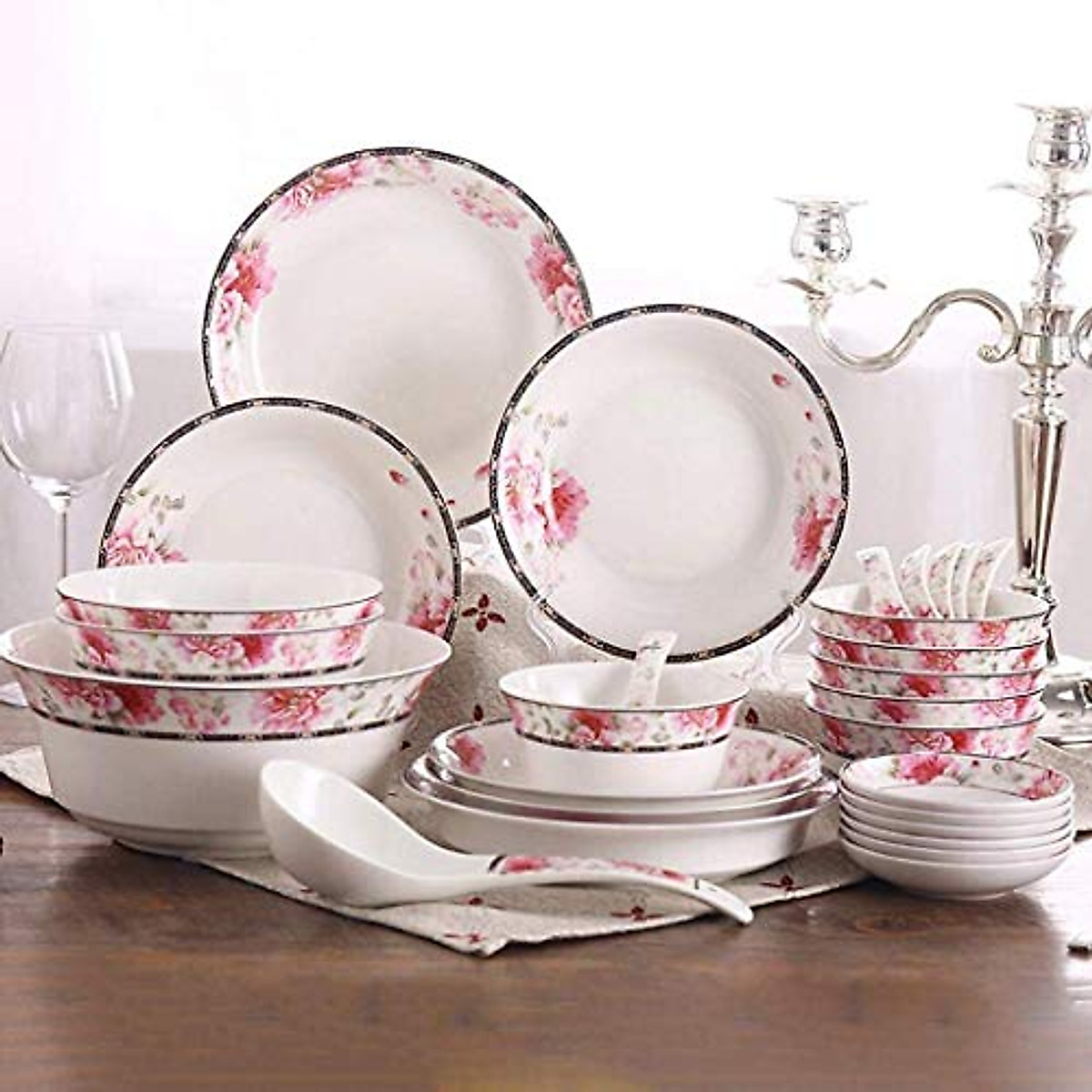 Dinner Set,28 Pieces Dinnerware Bone China Tableware Set Ceramics Flower Pattern Dinner Sets Plates Bowls Combination for Family Party