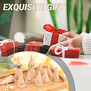 Luckforest Natural Wood Cones, 10Pcs 3 Different Sizes Wood Cone Rings Holder Jewelry Display Stand Vertical Shaped Unpainted Wooden Cones for Girls Women DIY Craft