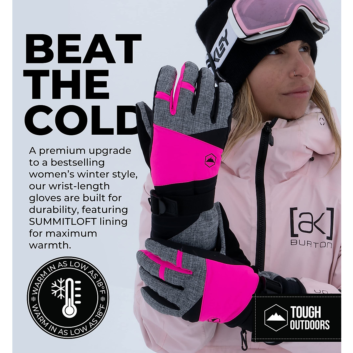 Tough Outdoors Women's Ski Gloves - Womens Snow Gloves - Winter Waterproof Snow Gloves - Adult Snow Gloves - Ladies Snowboarding Gloves