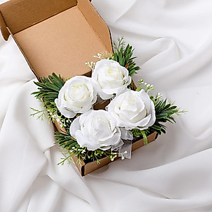 Senseya Wrist Corsage Wristlet Band Bracelet for Girls Women Bride Bridesmaid, Corsages Wristlet Artificial Silk Roseboutonniere Hand Flower Prom Decor (2 Boutonniere & 2 Wrist Corsage White)