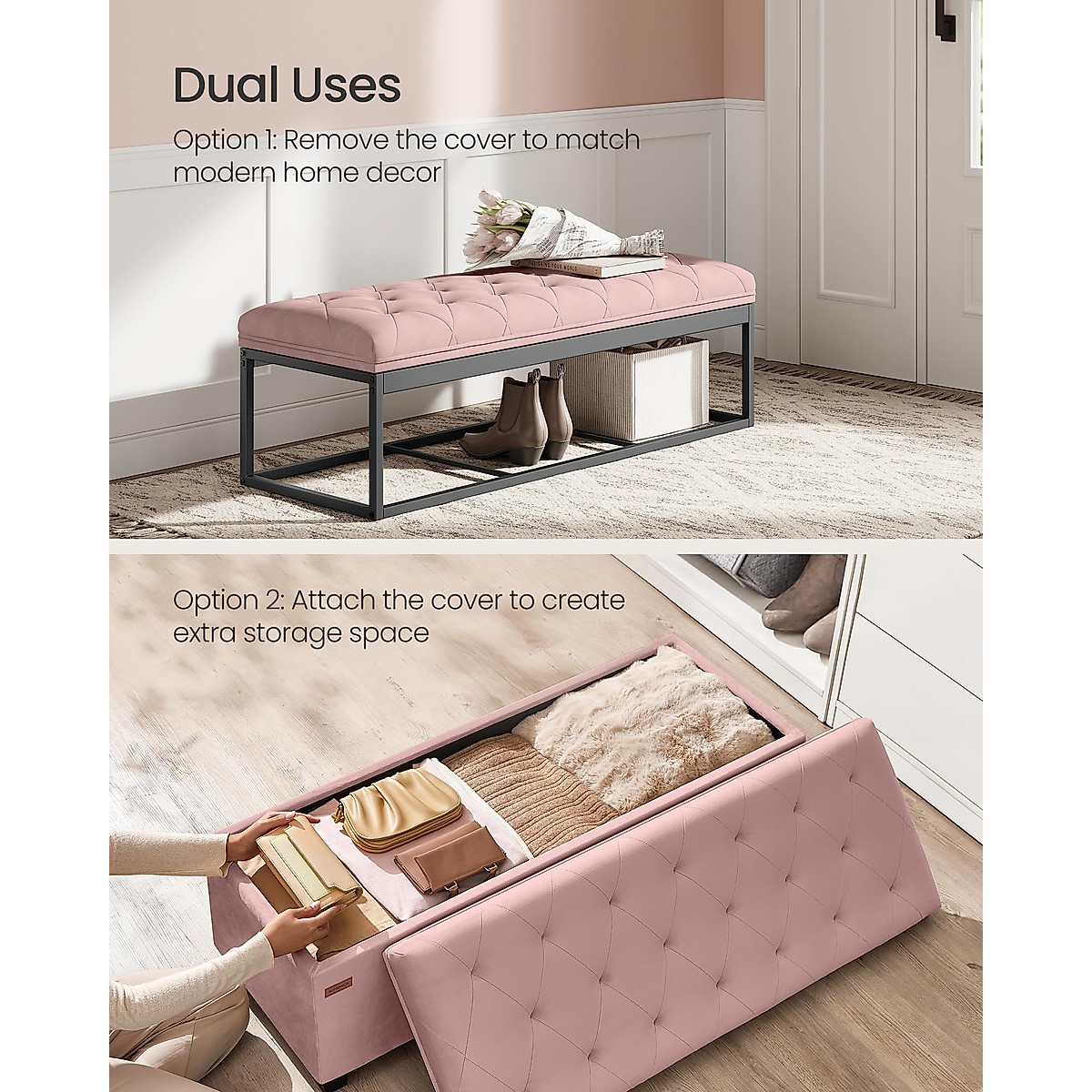 SONGMICS Velvet Storage Ottoman Bench, Foot Rest with Legs, 15.7 x 43 x 15.7 Inches, End of Bed Bench, Storage Chest, Load up to 660 lb, for Living Room, Bedroom, Entryway, Jelly Pink ULSF089R01