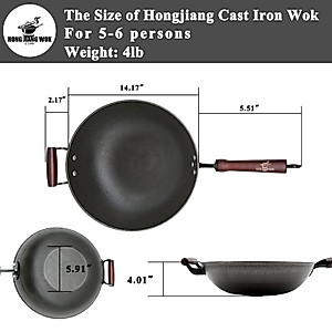 Cast Iron Wok Pan, 14.2" Preseasoned Nonstick Stir-Fry Pans, Flat Bottom Wok with Glass Lid and Wood Handle, Uncoated Traditional Chinese Wok for Induction, Electric, Gas Stoves