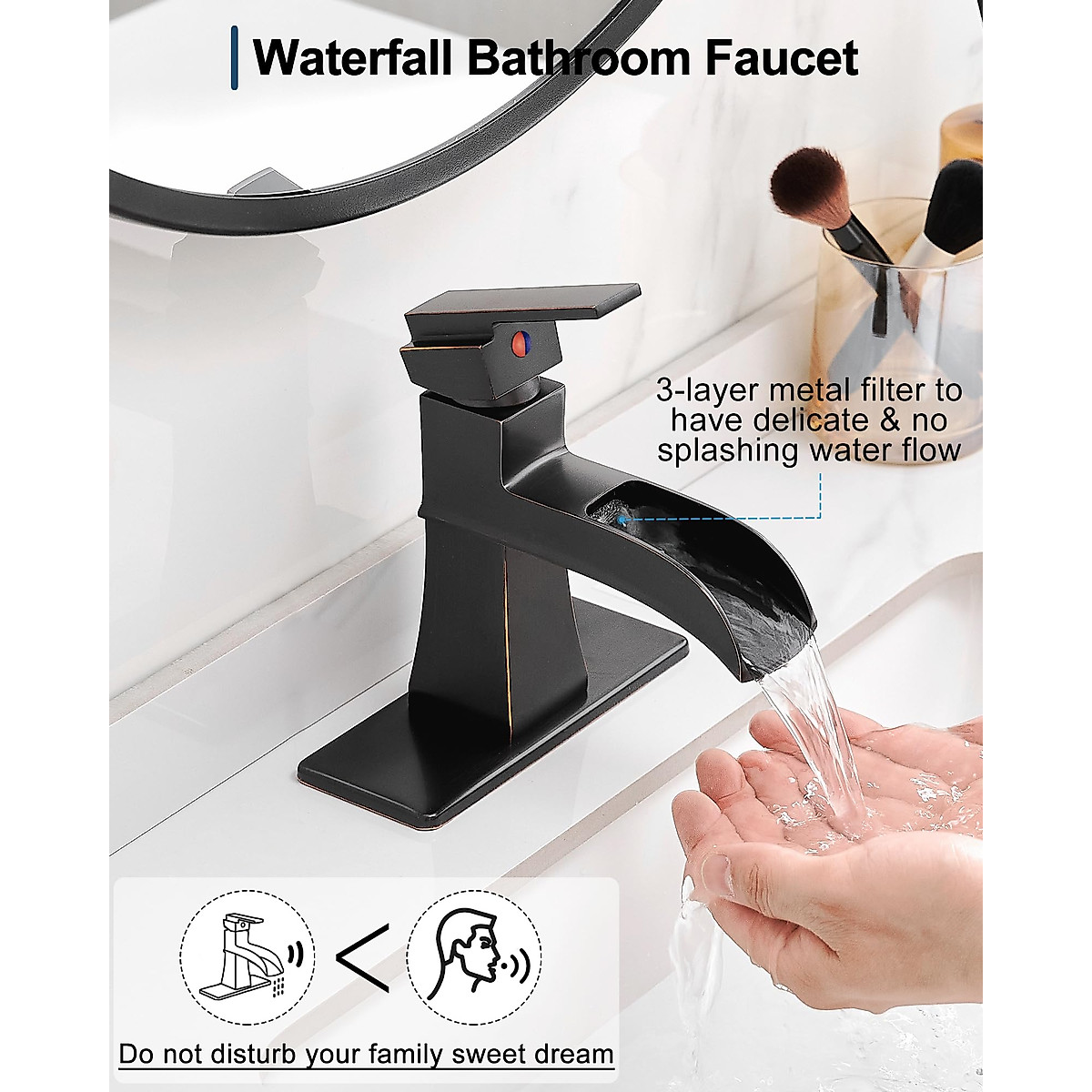 HOIGY Bathroom Waterfall Faucet, Brass Oil Rubbed Bronze Bathroom Faucet Single Handle, 4 Inch Bathroom Sink Faucet 1 Hole or 3 Holes, Bathroom Faucets with Pop-Up Drain & Deck Plate for RV Farmhouse