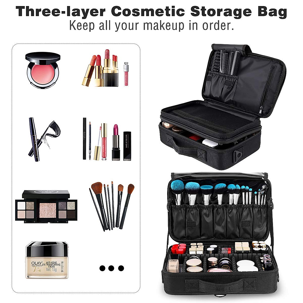 MoKo Travel Cosmetic Bags, Professional Nylon Cosmetic Makeup Case Bag Box Organizer with Handle & Adjustable Dividers Compartments for Cosmetics Makeup Brushes Tools Skincare Products – Black