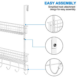 NEX The Door Hooks Shelf Organizer Hanger Towel Rack with 2 Mesh Basket 5 Hooks Storage Rack Spice Rack for Bathroom Kitchen Storage Shelves Toiletries, White