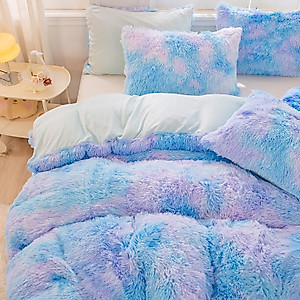 ZRNBAST Shaggy Faux Fur Duvet Cover Set Blue Purple Twin Size Bedding Sets for Girls Kids 3 Pcs Soft Fluffy Tie Dye Ombre Duvet Covers with Zipper Closure(Blue,Twin)