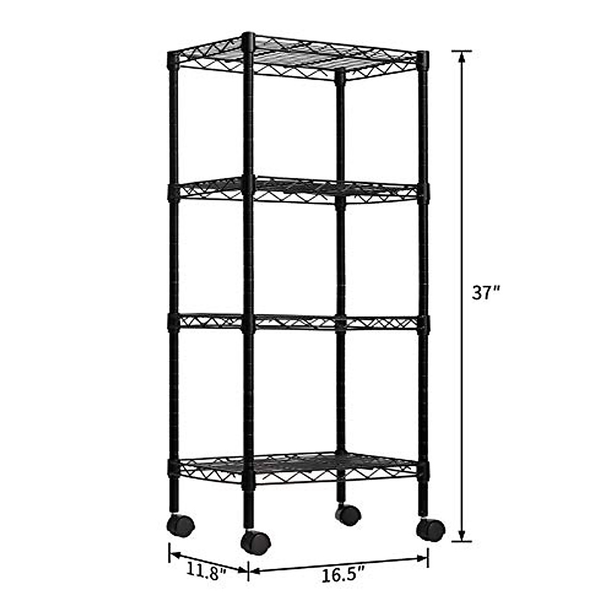 MATICO 4-Shelf Adjustable Steel Storage Shelf Unit with Wheels, Heavy Duty Metal Shelving Rack for Space Saving, Black