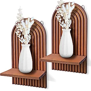 ZELURA 2 Pieces Boho Wall Shelf, Mid Century Shelves, Decorative Storage Unit, Decorative Bohemian Rainbow Hanging Shelves for Bathroom, Bedroom, Kitchen, Living Room, Laundry Room (Brown)