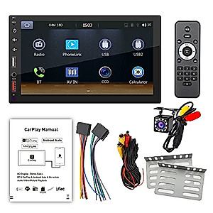 Double Din Car Stereo with Apple CarPlay/Android Auto/Mirror-Link, 7 Inch Touchscreen Radio Receiver with Bluetooth 5.1 Handsfree and Backup Camera, FM USB AUX RCA Audio Video Player