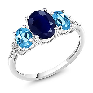 Gem Stone King 10K White Gold Blue Sapphire Swiss Blue Topaz and Diamond Accent 3-Stone Women's Engagement Ring 2.84 Ct Oval (Size 9)