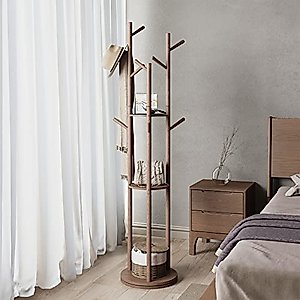 KASLANDI Coat Rack, Rotary Coat Rack Freestanding,FAS Grade Rubber Wood,Coat Rack Stand with 3 Shelves and 9 Hooks, Sturdy and Easy Assembly Wooden Coat Tree (Walnut)