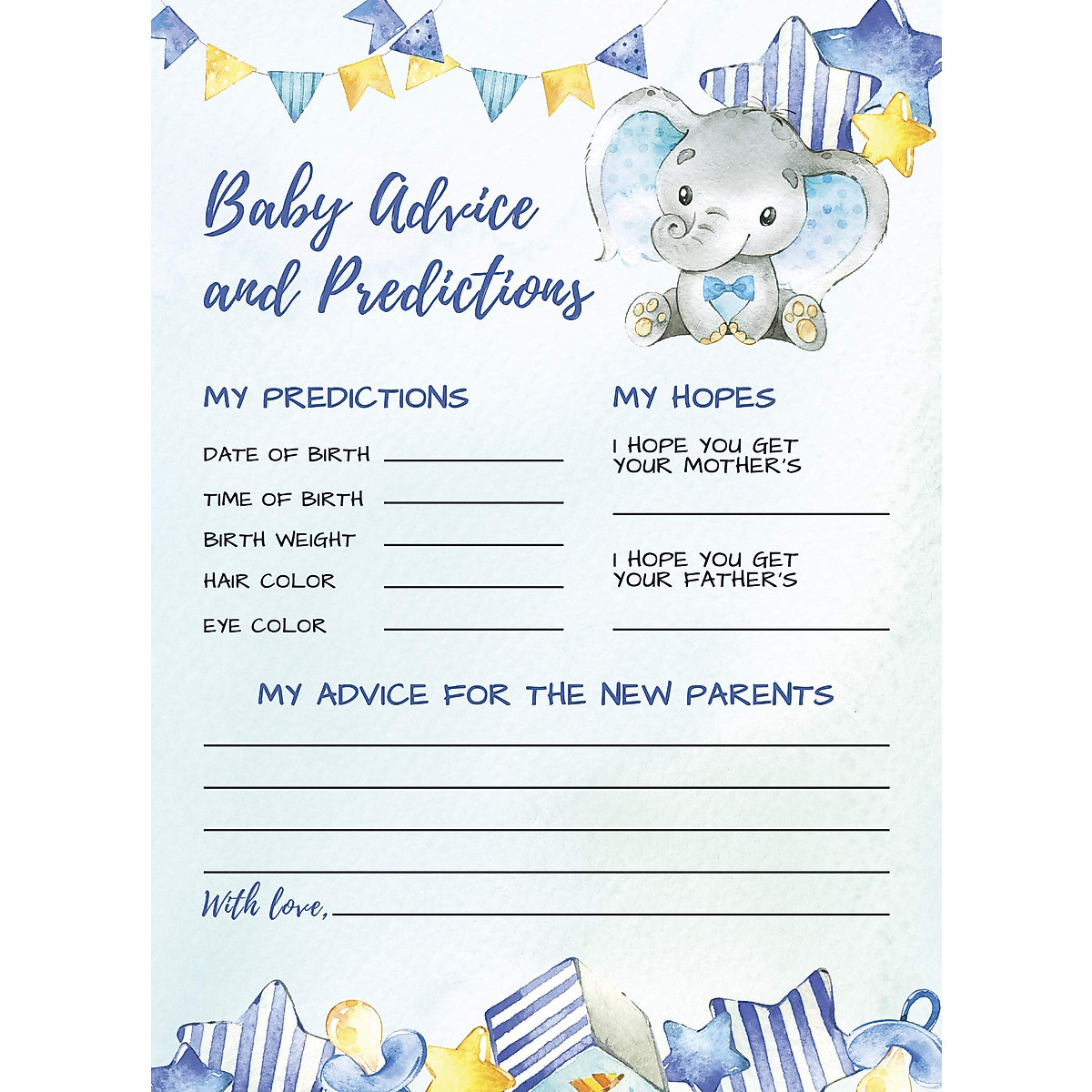 50 Deluxe Blue Elephant Advice and Prediction Cards- Large Double Sided 5 x 7 Inch for Baby Boy Shower Game, New Parent Message Book, Mom & Dad to Be, Decorations Activities Supplies Invitations