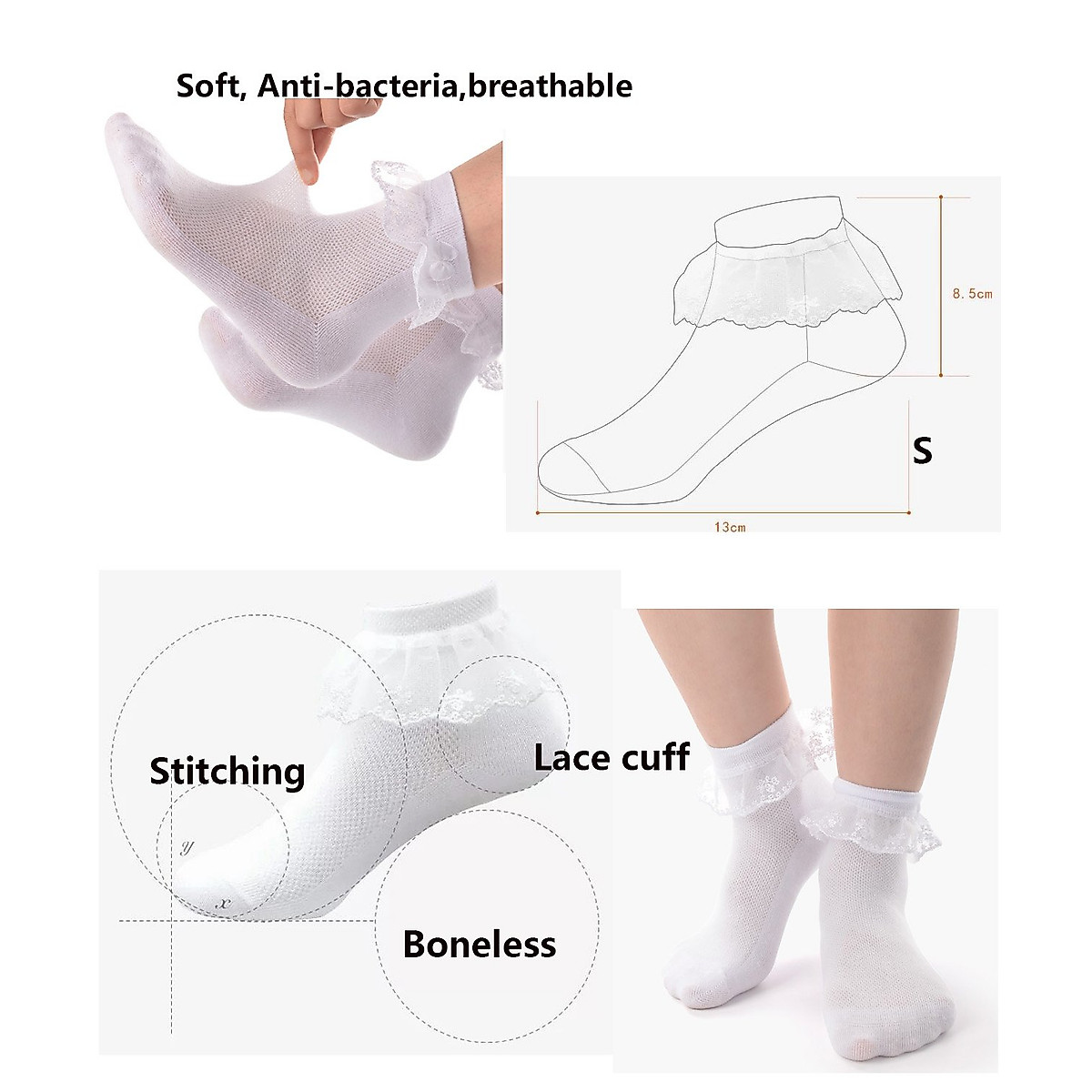 5 Pack of Girls White Lace Ruffle Socks Cotton Baby, M(3-6T)