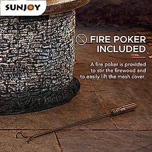 Sunjoy 32 in. Fire Pits for Outside, Patio Round Stone Wood-Burning Large Fire Pits with Mesh Spark Screen and Fire Poker for Outside, Brown and Gray