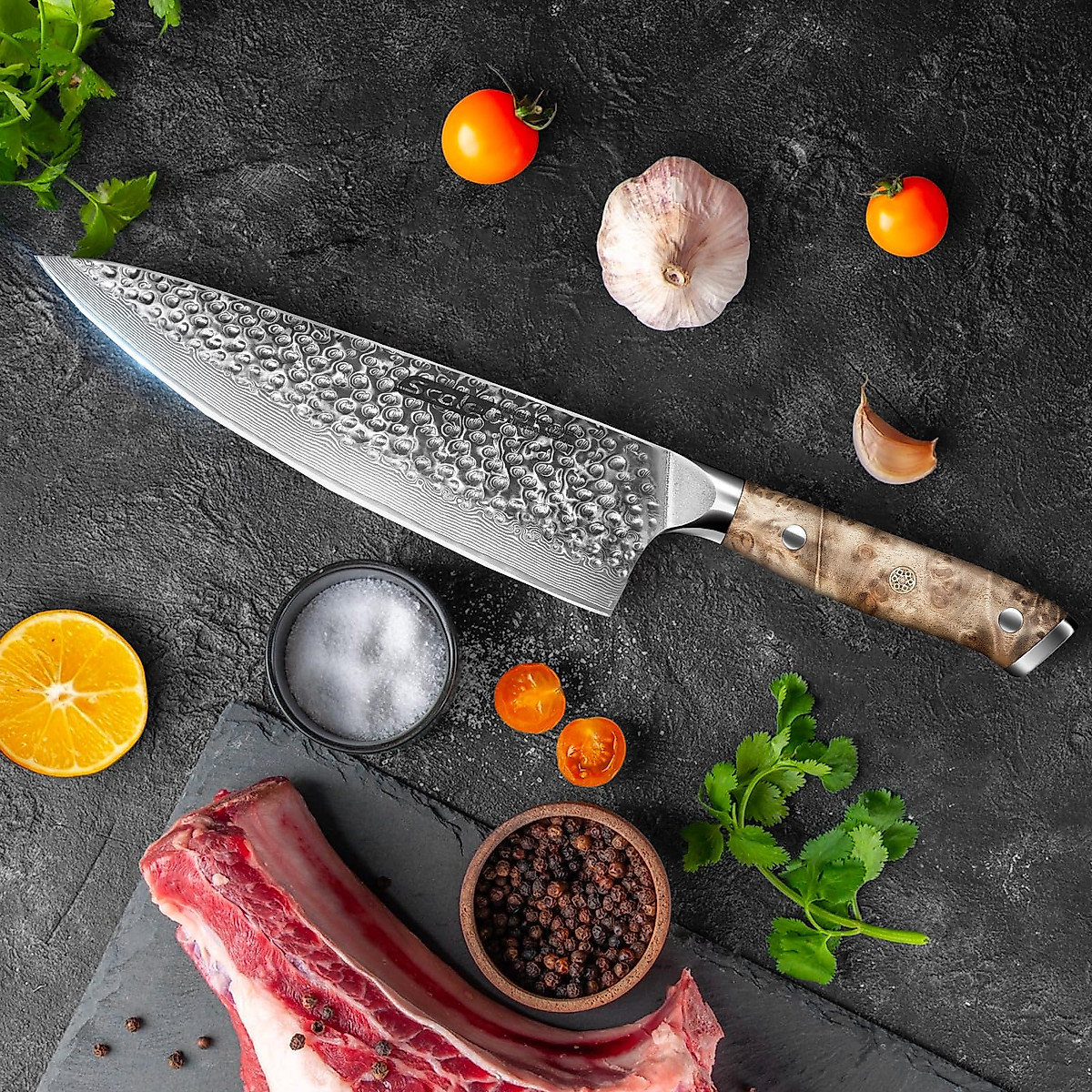 SCOLE® Chef Knife Damascus, 8 Inch Japanese Chefs Knife Razor Sharp, 67 Layers VG-10 Super Damascus Stainless Steel Kitchen Knife with Unique White Shadow Wood Handle Triple Rivet Full Tang, Gift Box