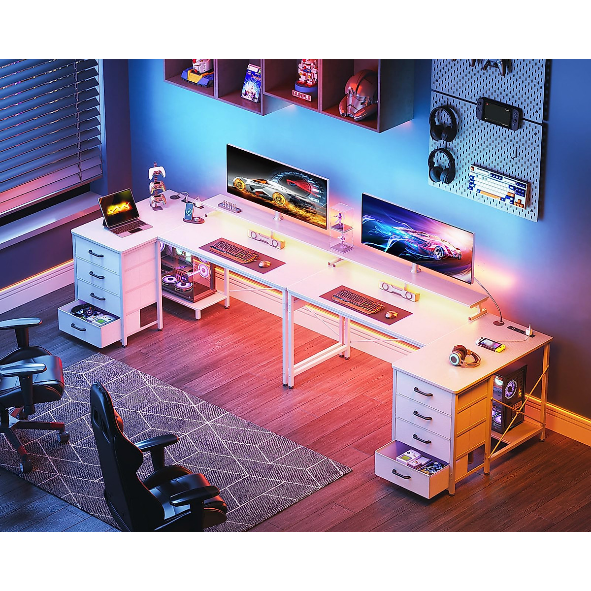 ODK 48-Inch L Shaped Gaming Desk with LED Lights & USB Power Outlets, Reversible Computer Desk with 4 Drawers, Corner Gamer Desk with CPU Shelf & Monitor Stand, Gaming Table for Bedroom, White