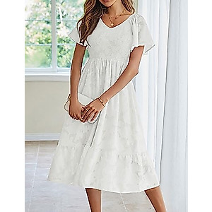 MEROKEETY Womens 2023 Summer V Neck Ruffle Sleeve Floral Dress Lace Flowy Smocked Midi Dresses,White,S