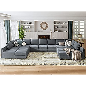 HONBAY Oversized Modular Sofa U Shape Modular Couch with Chaise Modular Sectional Couch Sofa with Storage Seats, Bluish Grey