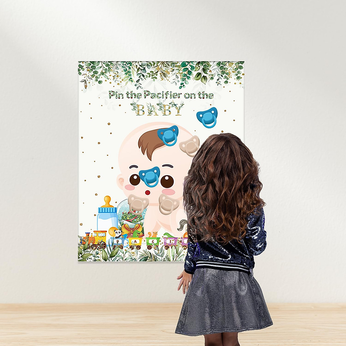 Pin The Pacifier On The Baby Game Sage Large Baby Poster Games for Baby Shower Party Birthday Party Decorations Supplies - 36 Pacifier Stickers 2 Blindfold