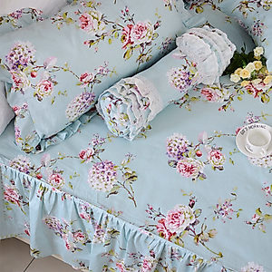 FADFAY Shabby Floarl Cotton Bedding Set Queen 4-Pieces Light Blue Hydrangea Print Duvet Cover Set with Bedskirt French Country Style with Ruffle -1 Duvet Cover, 1 Bedskirt, 2 Pillowshams