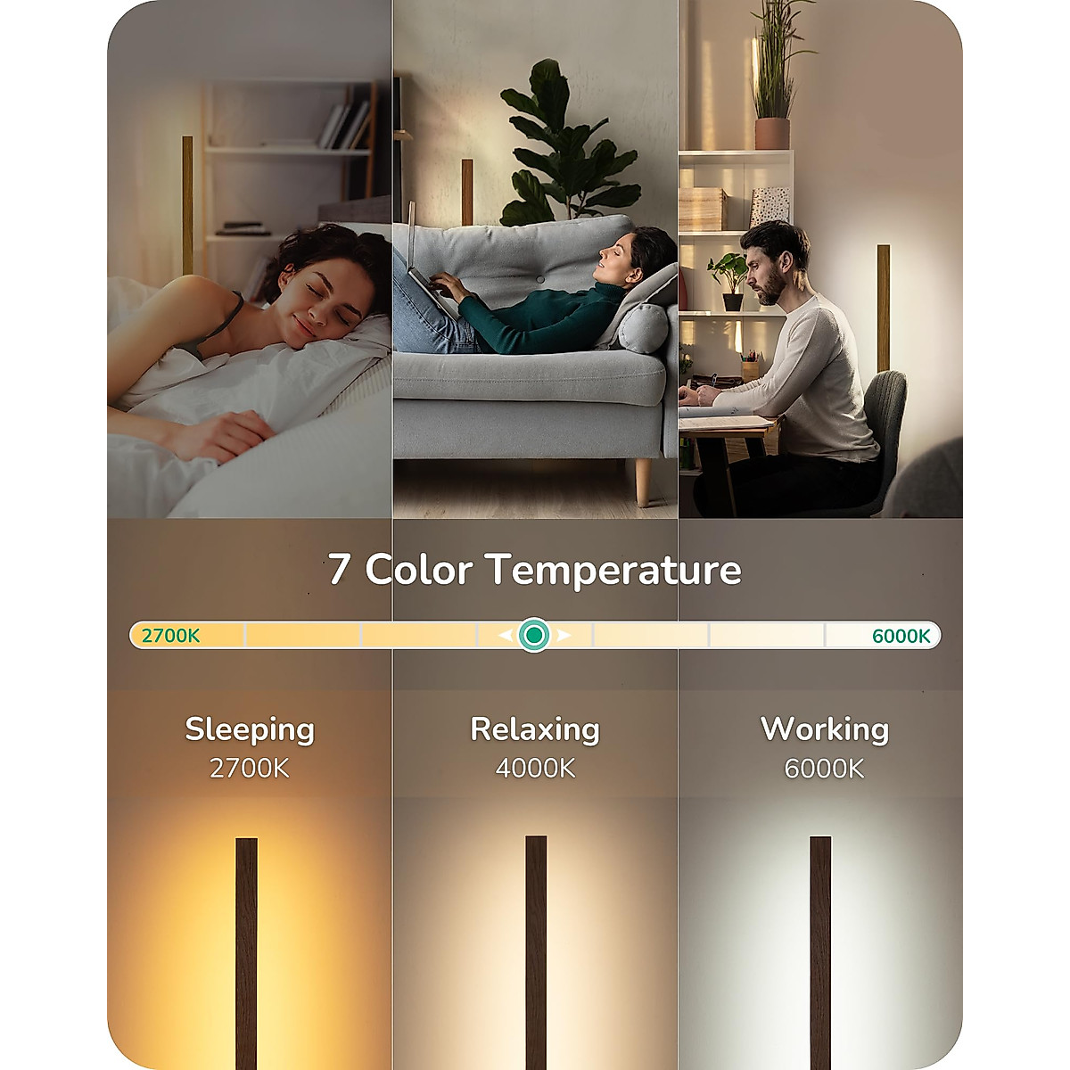 EDISHINE Mid Century Modern Floor Lamp with Remote, Dimmable Wood LED Corner Light, Minimalist Standing Mood Lighting for Living Room, Bedroom, Office, 7 Color Temperature 2700K~6000K, 46"
