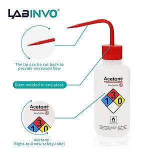 LABINVO 4pcs of Acetone Wash Bottles, Vol.500ml (17oz), Narrow Mouth, Self-Venting Safety Wash Bottles, LDPE Material, IN-WBA500