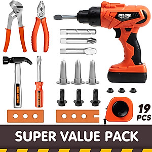 JOYIN 19Pcs Kids Tool Set, Pretend Play Toddler Power Toy Tool with Construction Tool Belt & Electronic Toy Drill for Boy Girl Birthday Gift Outdoor Preschool Ages 3, 4, 5, 6, 7 Years Old