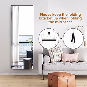 A.T.Lums Floor Mirror, 65" x 22" Full Length Mirror, Rectangle Stainless Steel Metal Frame with Stand, Modern Wall Mounted Mirror, Free Standing or Wall Mounted or Leaning Against Wall, Black