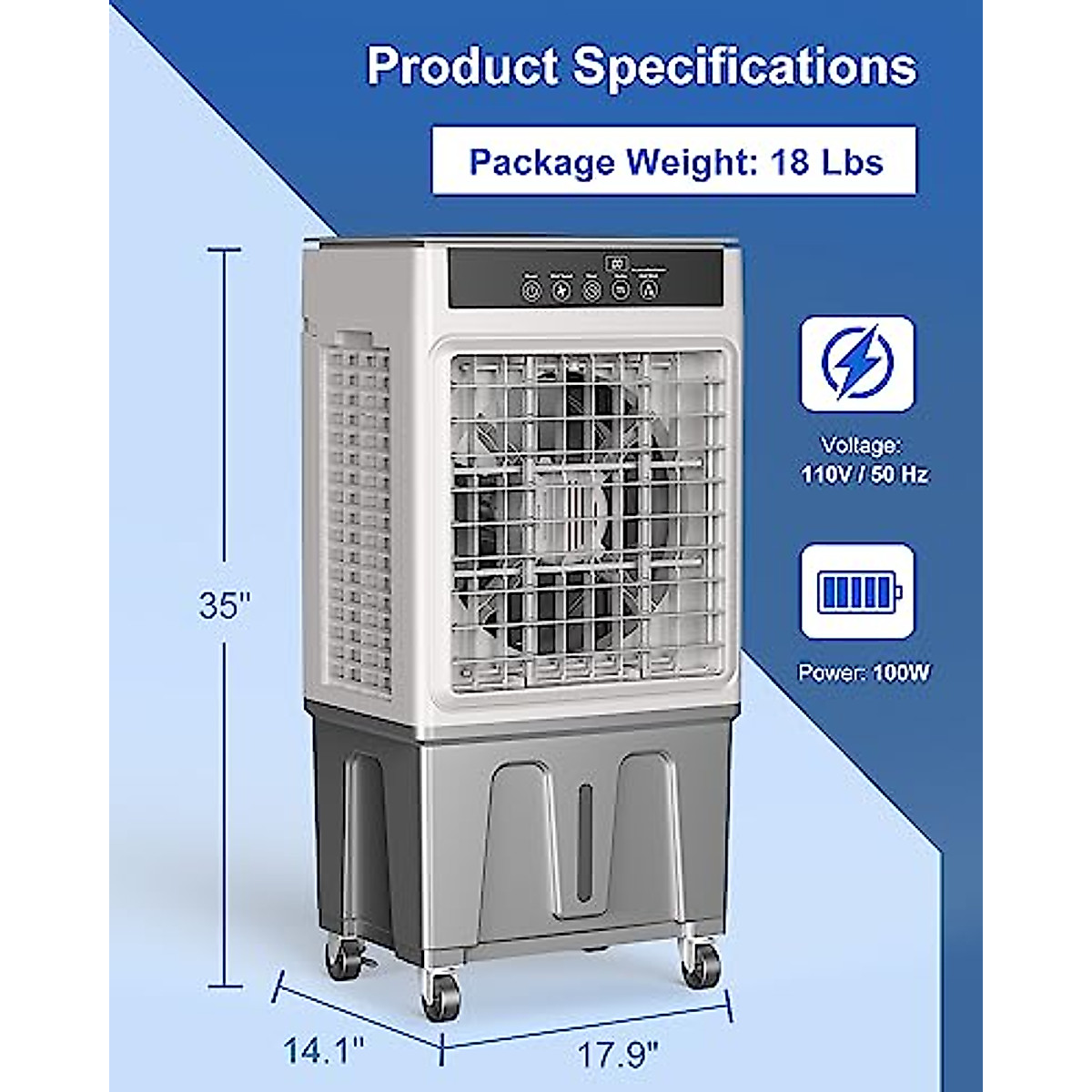35’’ Portable Air Conditioner 3-IN-1 Evaporative Cooler, 30Ft Remote, 3 Speeds, 2800 CFM, 100 Degree Swing, 1050 sq. ft. coverage, 24H Timer, 6.8 Gallon Tank, 4 Ice Packs for Garage Patio Outdoor