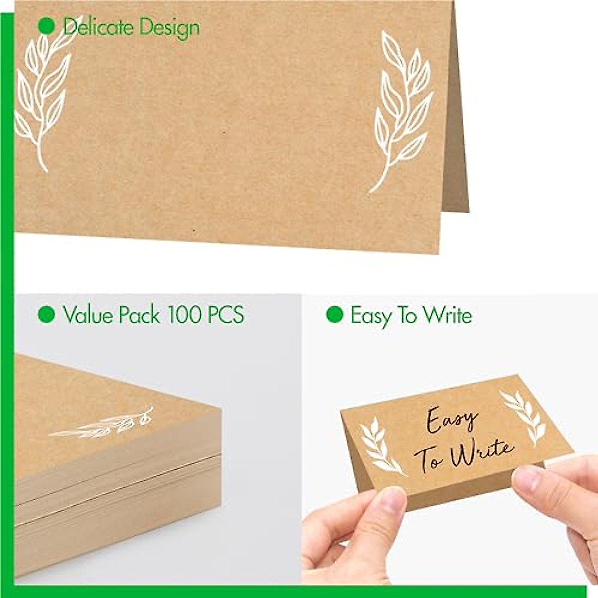 100 PCS Kraft Place Cards, Small Blank Tent Cards Delicate Seating Cards Rustic Name Cards Escort Cards for Wedding, Table, Dinner Parties, Receptions (2” x 3.5”, Leaf Pattern Design)