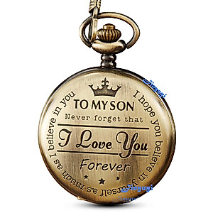 GORBEN Bronze Engraved Pocket Watch to Son I Love You Gifts from a Mom Dad Birthday Gift Fob Watches Chains