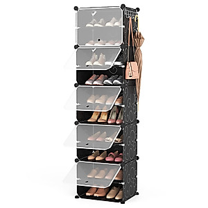 ROJASOP Tall Shoe Rack, 10 Tiers Shoes Storage Cabinet with Doors, 20 Pairs Narrow Portable Shoe Rack Organizer with 2 Hooks Plastic Shoe Closet for Entryway Bedroom Hallway (Black, 1 by 10)