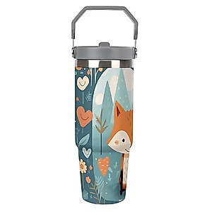 Fox And Heart 30oz Stainless Steel Insulated Tumbler with Straw & Foldable Handle - Leakproof, Double-Wall Vacuum Travel Thermos for Hot/Cold Drinks, Non-Slip Base, Fit Cup Holders