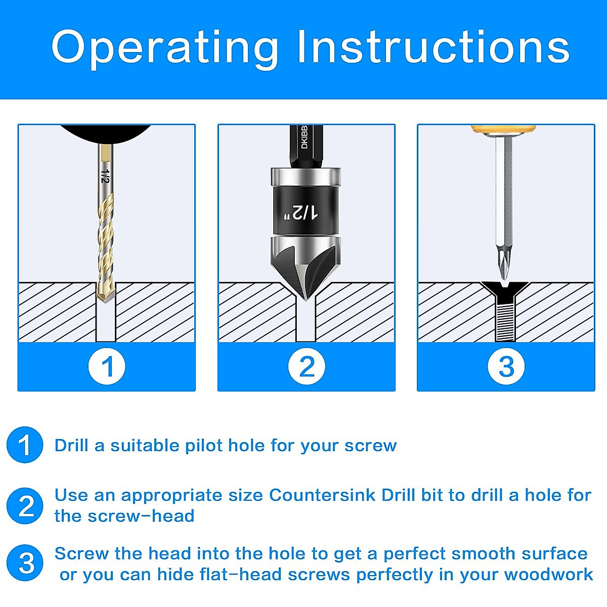 Countersink Drill Bit Set 5-Piece, M2 HSS, 82 Degree, 5 Flute, ¼” Quick Change Hex Shank, 1/4” 3/8” 1/2” 5/8” 3/4” Sharp and Durable Countersink Bits for Metal Wood and Plastic, with Storage Case