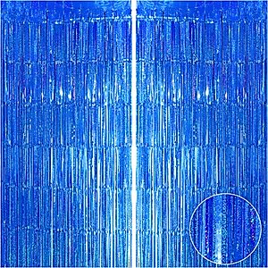Blue Metallic Foil Fringe Curtains - Wedding Anniversary Birthday Graduation Bachelorette Retirement Christmas New Years Party Celebration Photo Booth Backdrop Decoration, 3.2 ft x 9.8 ft, 2pc