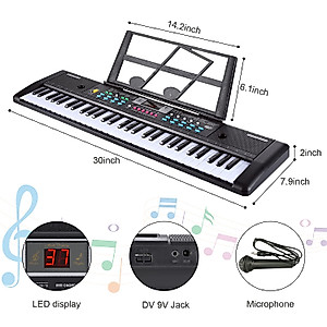 61-Key Electric Keyboard Piano, Portable Piano Keyboard with Music Stand, Microphone, Full-Size, Built-in Speakers, Dual Power Supply, Music Digital Piano for Beginners Kids Adult