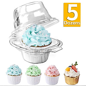 FoodieJoy 60 Packs Individual Cupcake Containers Stackable Single Compartment Cupcake Disposable Carrier Holder Box Deep Dome Clear Plastic BPAFree (60 counts)
