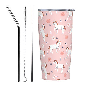 20 Oz Tumbler with Lid and Straw, Cartoon Cute Horse Flower Pink Insulated Tumbler Stainless Steel Cups, Personalized Coffee Tumbler Travel Mug Water Bottle