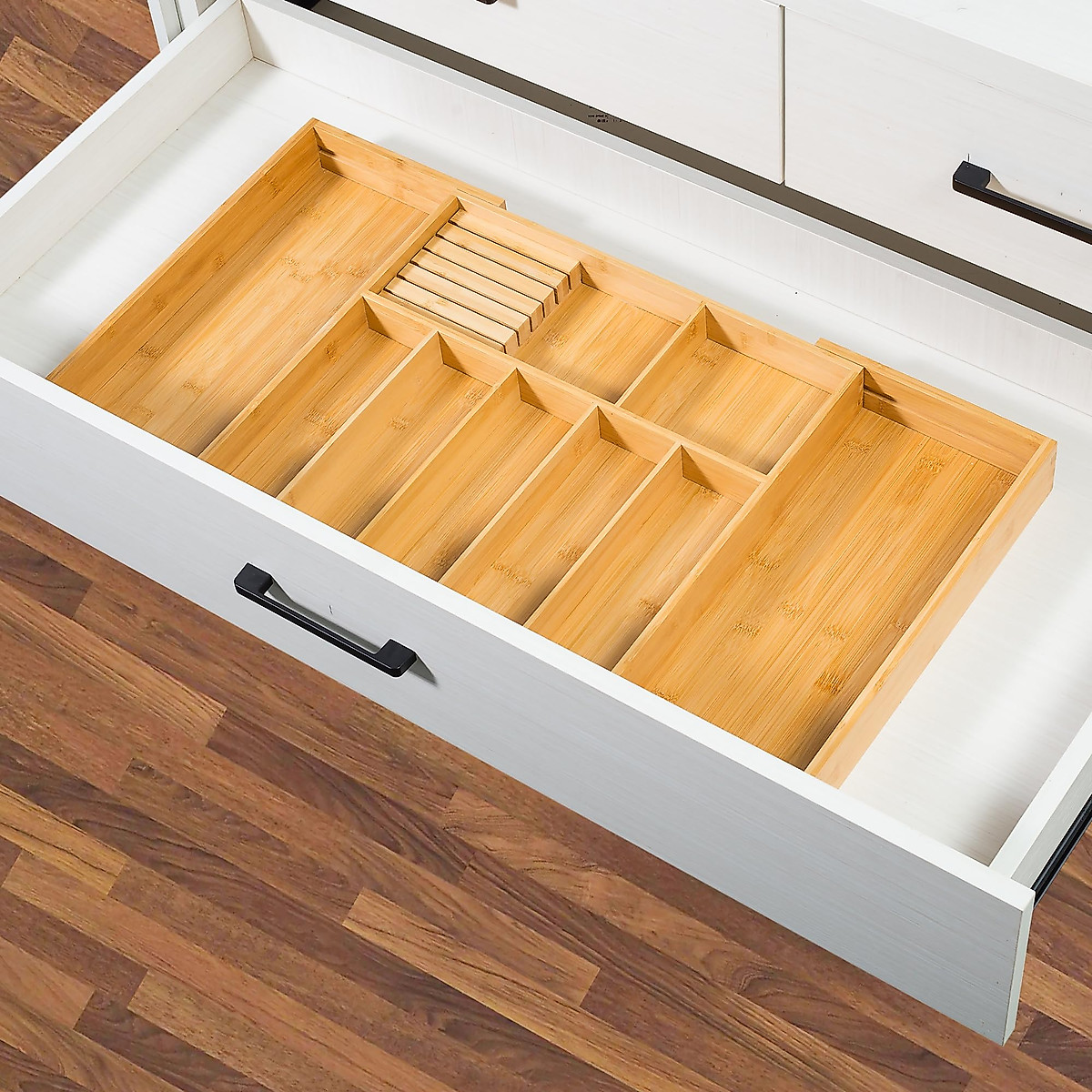 VaeFae Extra Large Kitchen Utensil Holder, Bamboo Silverware Drawer Organizer, Expandable Cutlery Organizer with Knife Block, Multifunctional Wooden Drawer Divider