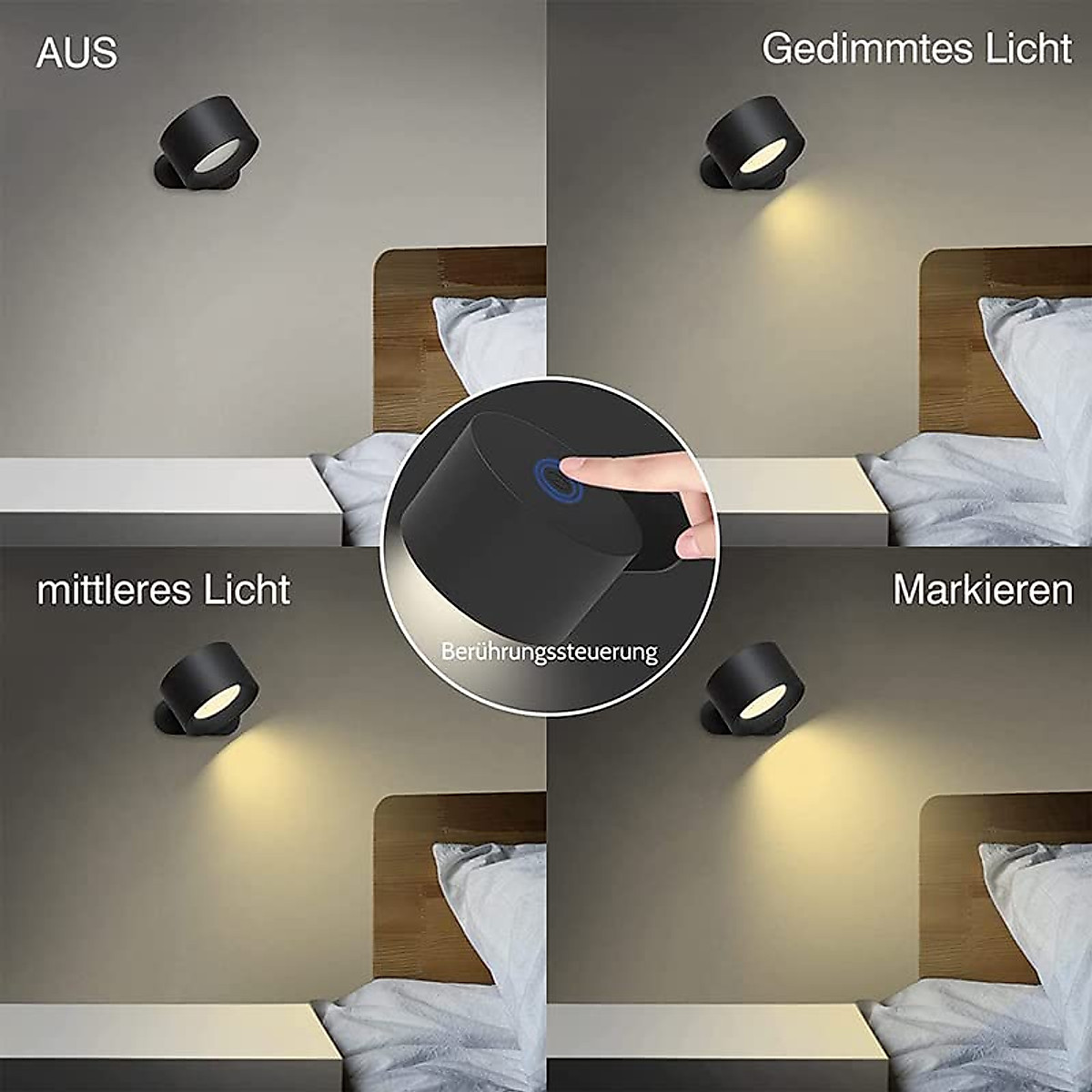 Raiseking LED Rechargeable Wall Sconce, Wall Mounted Lamp with 2000mAh Battery Operated USB Port 360°Rotate Magnetic Ball, Cordless Wall Light for Reading Study Bedside (Black-Touch Control)