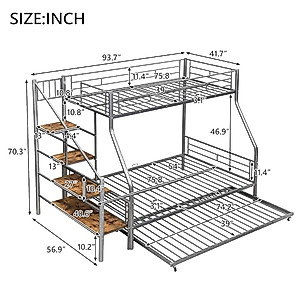 RORIGAT Twin Over Full Bunk Bed with Trundle,Metal Bunk Beds with Storage Staircase and Guard Rail,Bunk Bed Twin Over Full Size for Kids Boys Girls Teens Bedroom,Silver