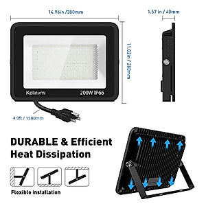 kelinvmi 200W LED Flood Light Outdoor, 20000lm High Brightness Outdoor Work Lights with US Plug, 6500K IP66 Waterproof Outdoor Lights for Garage, Porch, Stadium, Garden, Playground