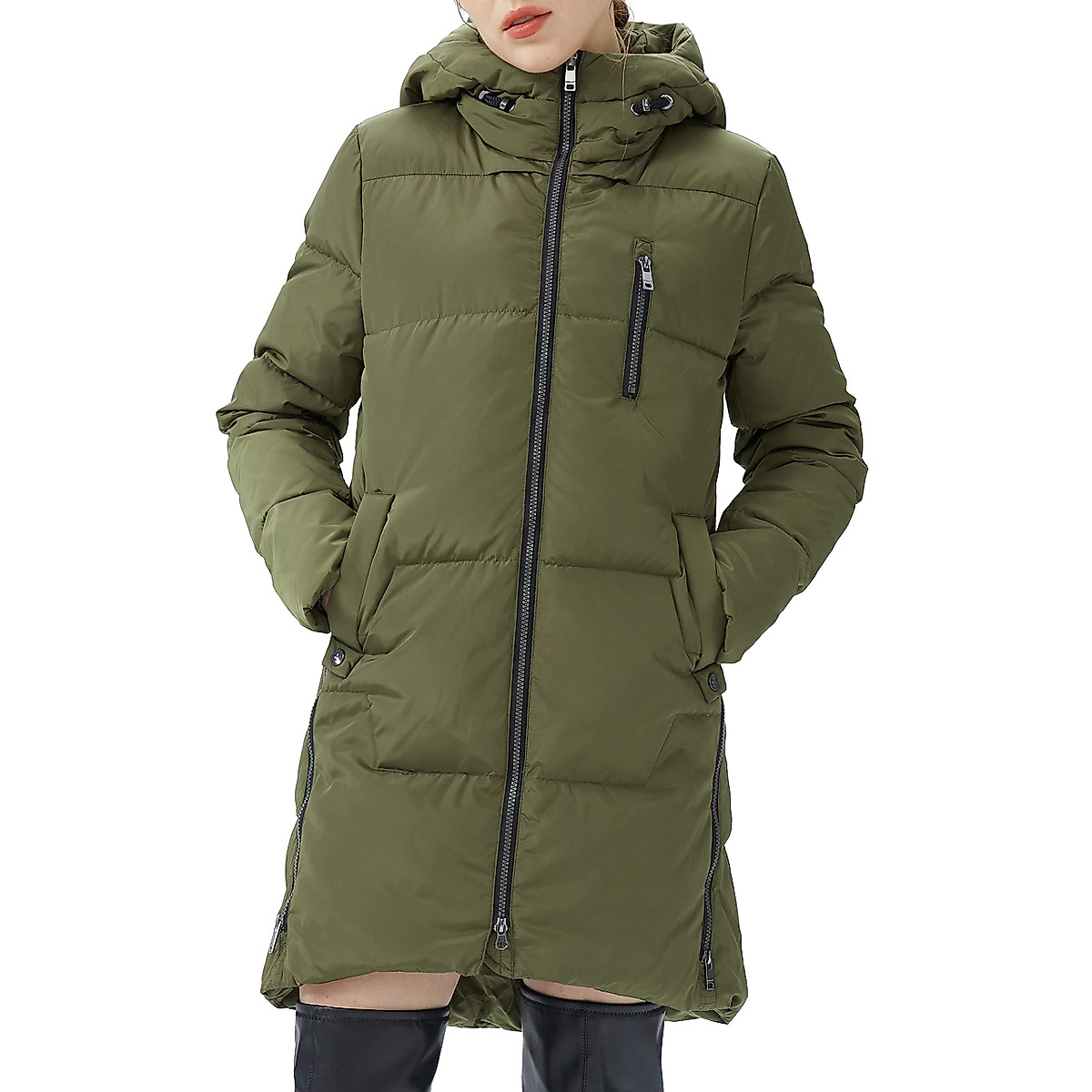 Orolay Women's Stylish Down Hooded Jacket with Two-Way Zipper Winter Down Coat Puffer Jacket Army Green M
