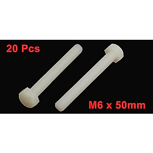 uxcell M6 x 50mm Full Thread 1mm Pitch Nylon Hex Head Cap Screw Bolt 20 Pcs