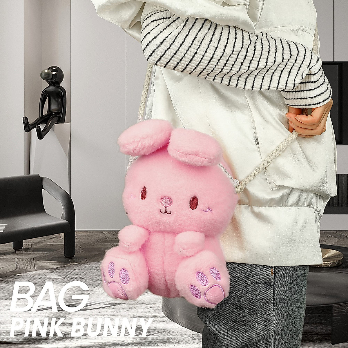 ZIIVARD Plush Bunny Crossbody Messenger Shoulder Bags Cartoon Rabbit Chain Strap Satchel Women Girls Lolita Casual Mobile Phone Travel Bag (Pink)