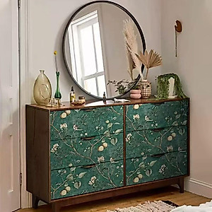 HOYOYO Peach Tree Peel and Stick Shelf Liner Paper, Green Background White Flowers Bird Self-Adhesive Liner Drawer Cabinets Door Surface Living Room Wall Art Decor 17.8 x 118 inch