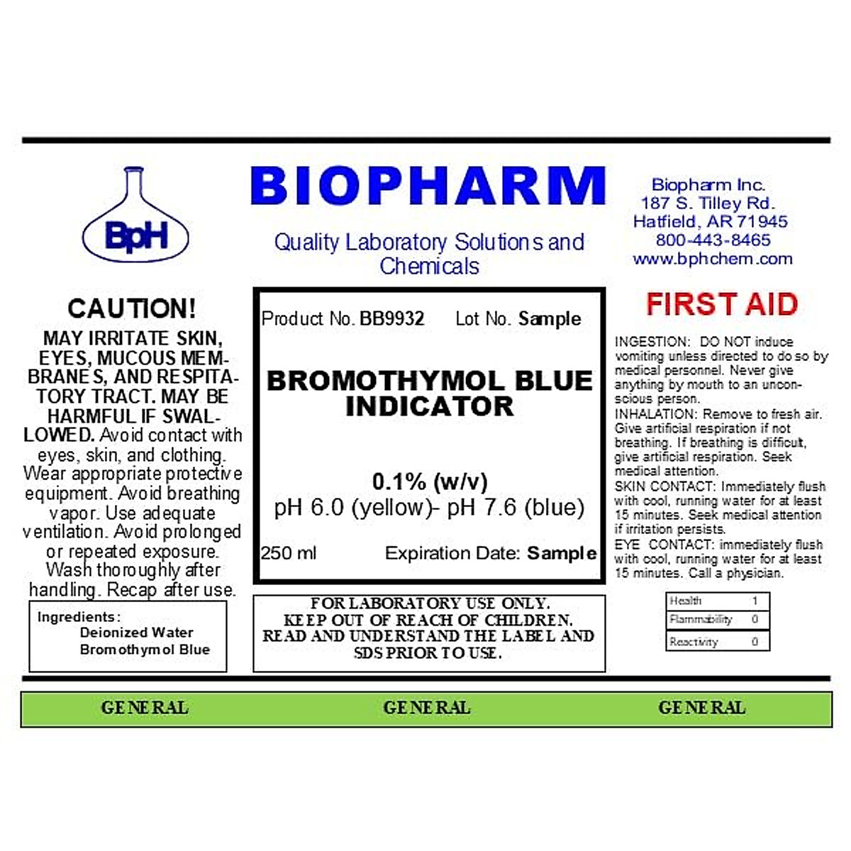 Biopharm Bromothymol Blue Indicator 0.1% (w/v) Aqueous Solution | 250 mL | Includes an Empty 50 mL Dropper Bottle and Dispensing Cap | pH 6.0 (Yellow)-pH 7.6 (Blue)