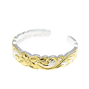 Arthur's Jewelry 925 sterling silver 2 tone yellow gold plated Hawaiian plumeria flower scroll 4mm cut out open toe ring